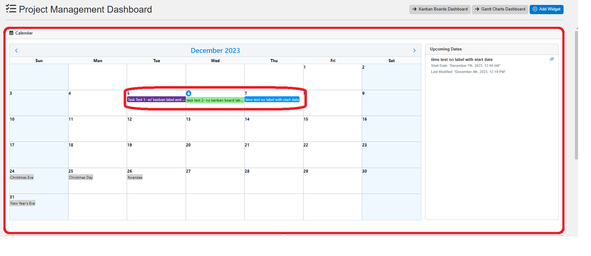 Project Management Dashboard Calendar